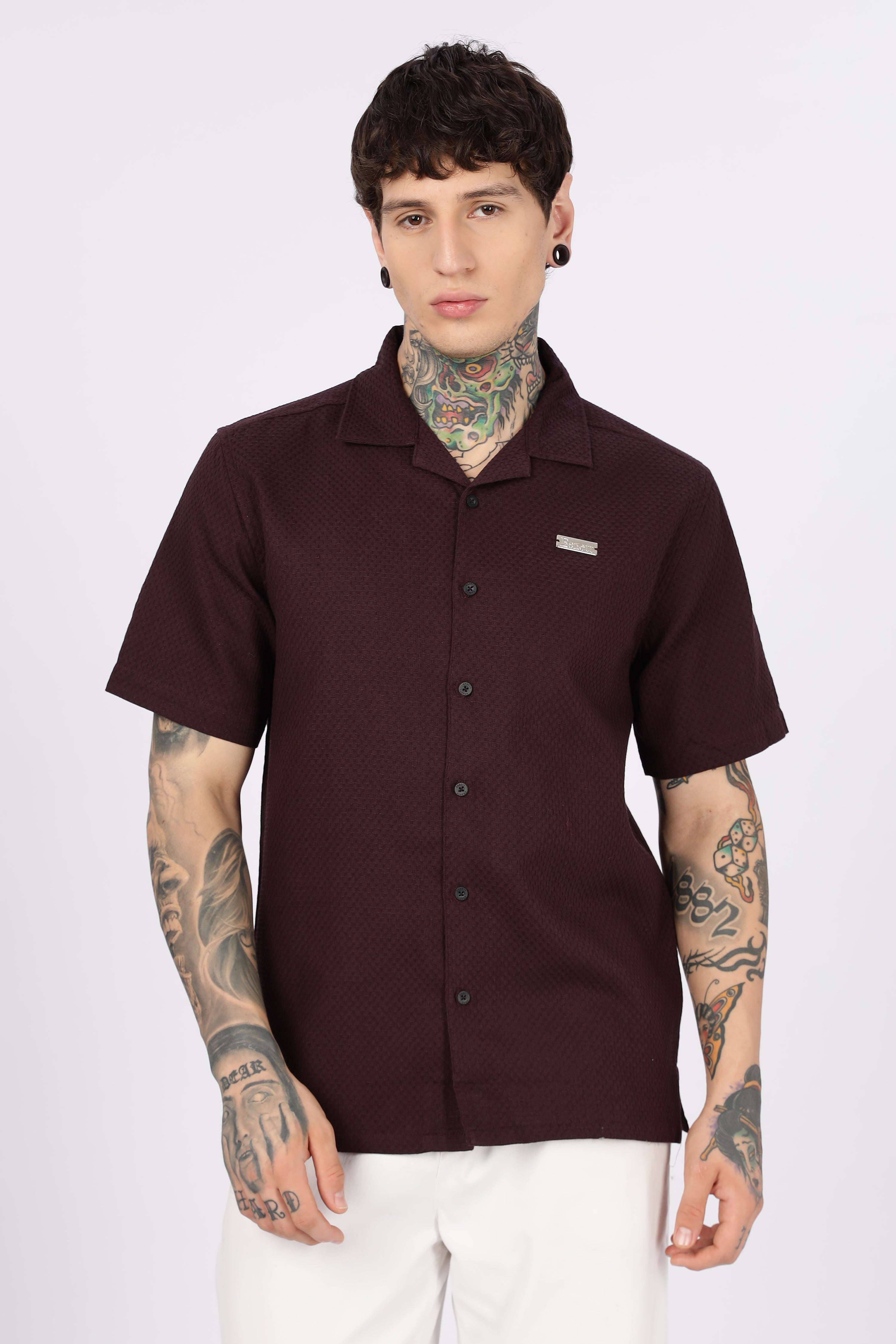 Classic: Textured Fabric Maroon Cotton Cuban Shirt – Eszett